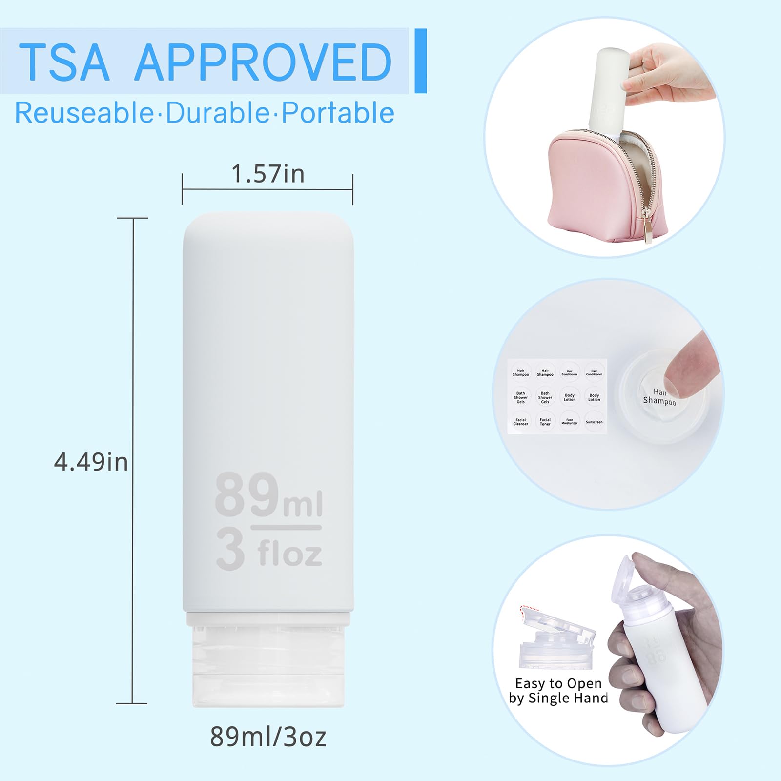 Craftend Silicone Travel Bottles for Toiletries TSA Approved Travel Size 3oz Containers Set 4 Pack Portable Leak Proof Refillable Cosmetic Squeeze Bottles Shampoo Conditioner Body Lotion Shower Gel