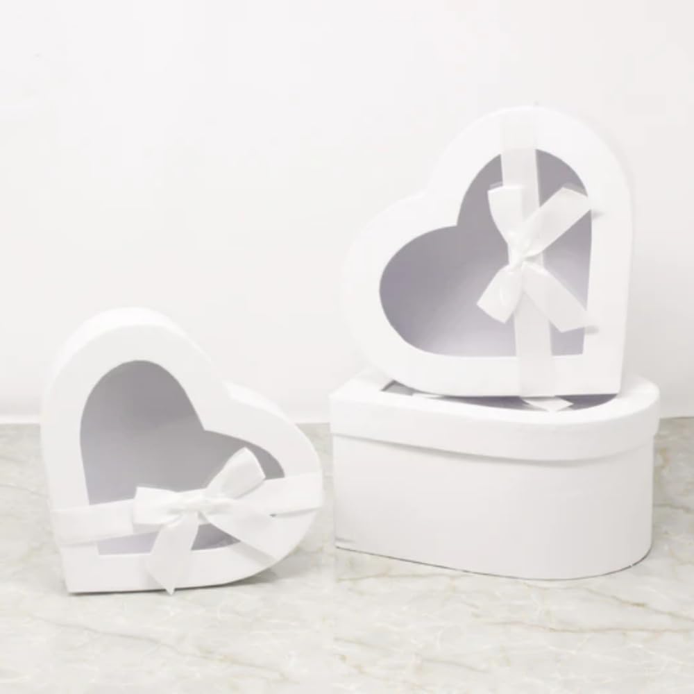 BBJ WRAPS Heart Shaped Boxes for Flowers Packaging with Transparent Window Lids Luxury Gift Box for Floral Arrangement, Set of 3(S/M/L) (White)