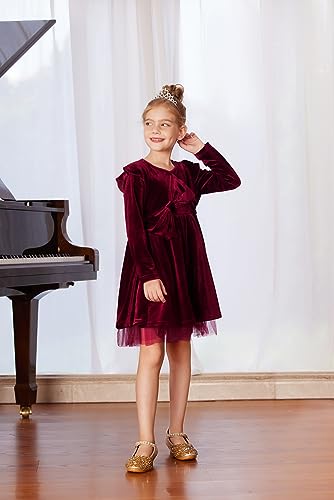 GRACE KARIN Girls Red Velvet Dress Crew Neck Christmas Fall Winter Party Dresses Size 5-6