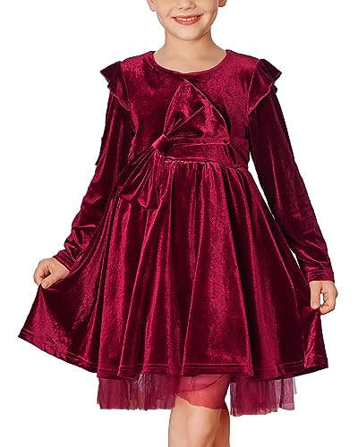 GRACE KARIN Girls Red Velvet Dress Crew Neck Christmas Fall Winter Party Dresses Size 5-6