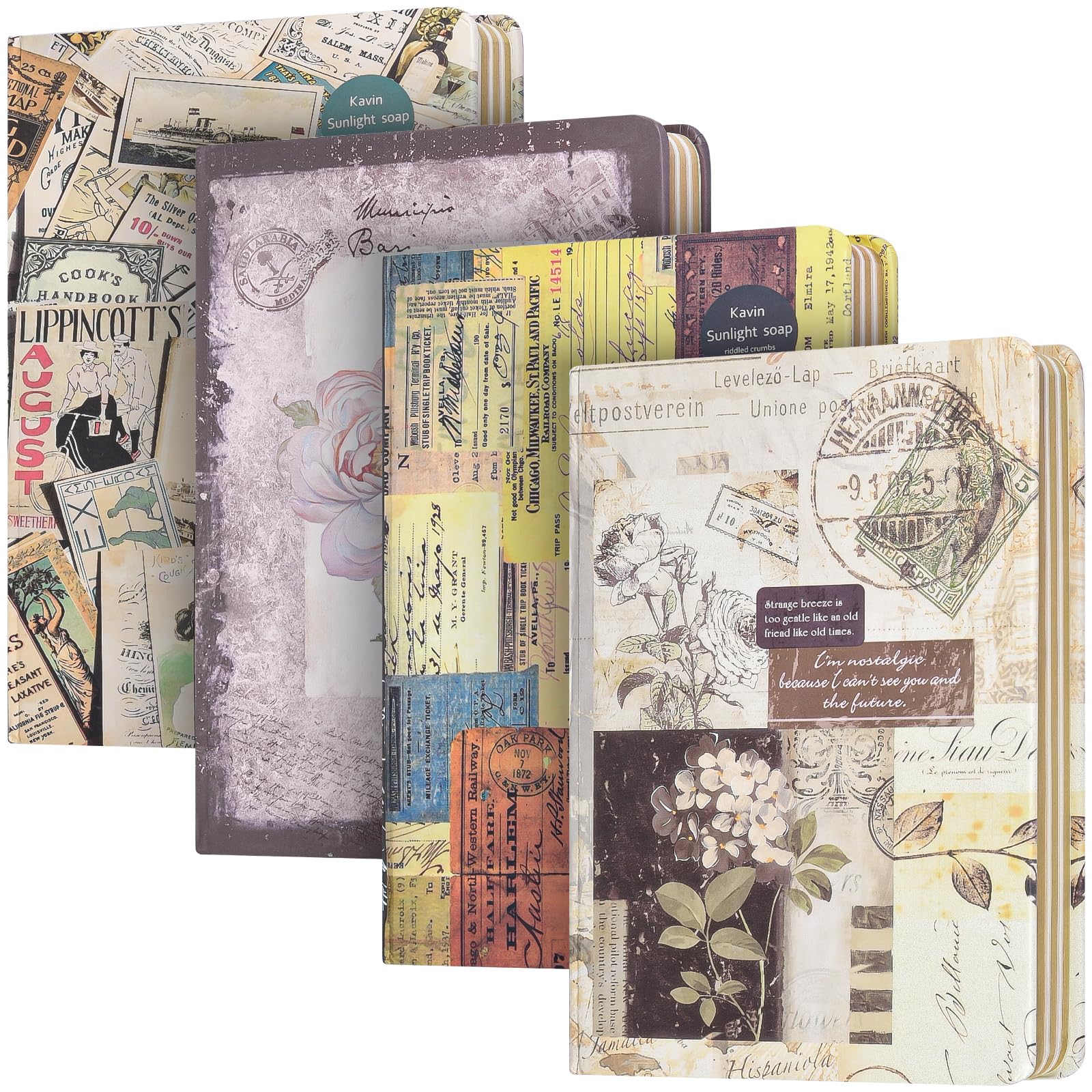 4 Pack Travel Journal, Journal for Women Men Gift, Vintage Journal with Retro Page for Writing, Hardcover Cute Notebook, Aesthetic Diary Notebook Junk Journal Set, Scrapbook Journal, 5.6" X 8.3"