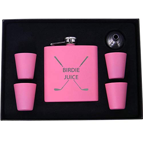Birdie Juice Flask, Funnel, Shot Glasses, and Gift Box - Golfing Birdie Juice Hip Stainless Steel Metal Matte 6-Ounce Golf Bag Flask (Pink)