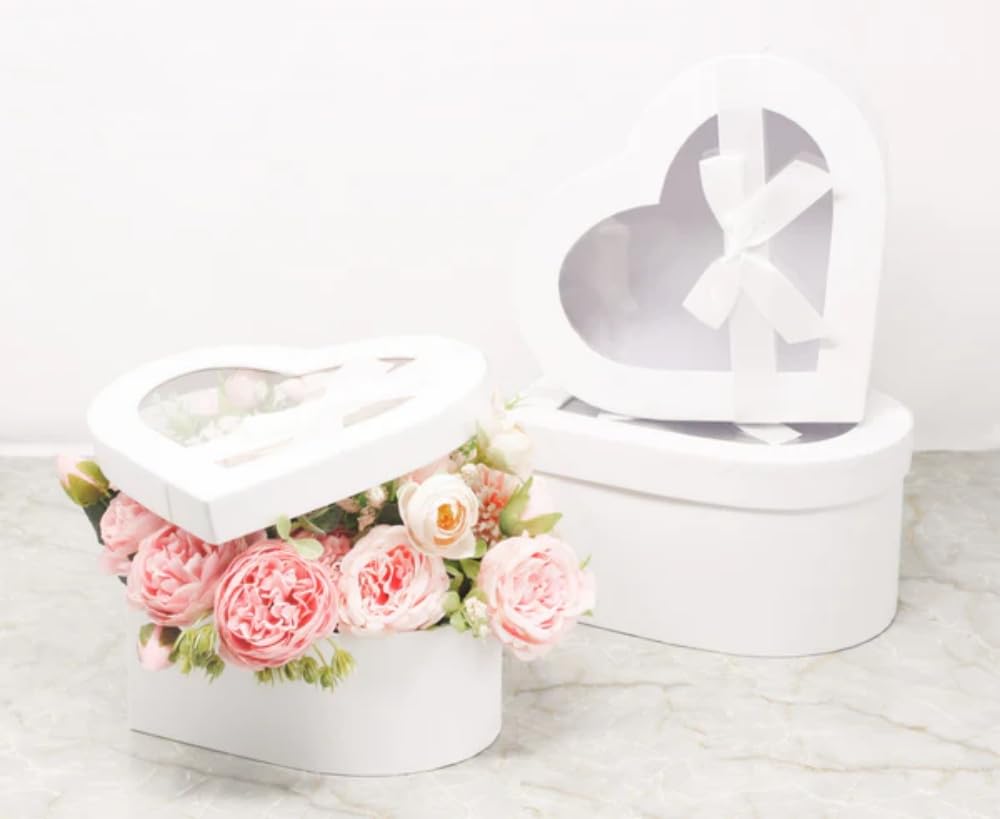 BBJ WRAPS Heart Shaped Boxes for Flowers Packaging with Transparent Window Lids Luxury Gift Box for Floral Arrangement, Set of 3(S/M/L) (White)