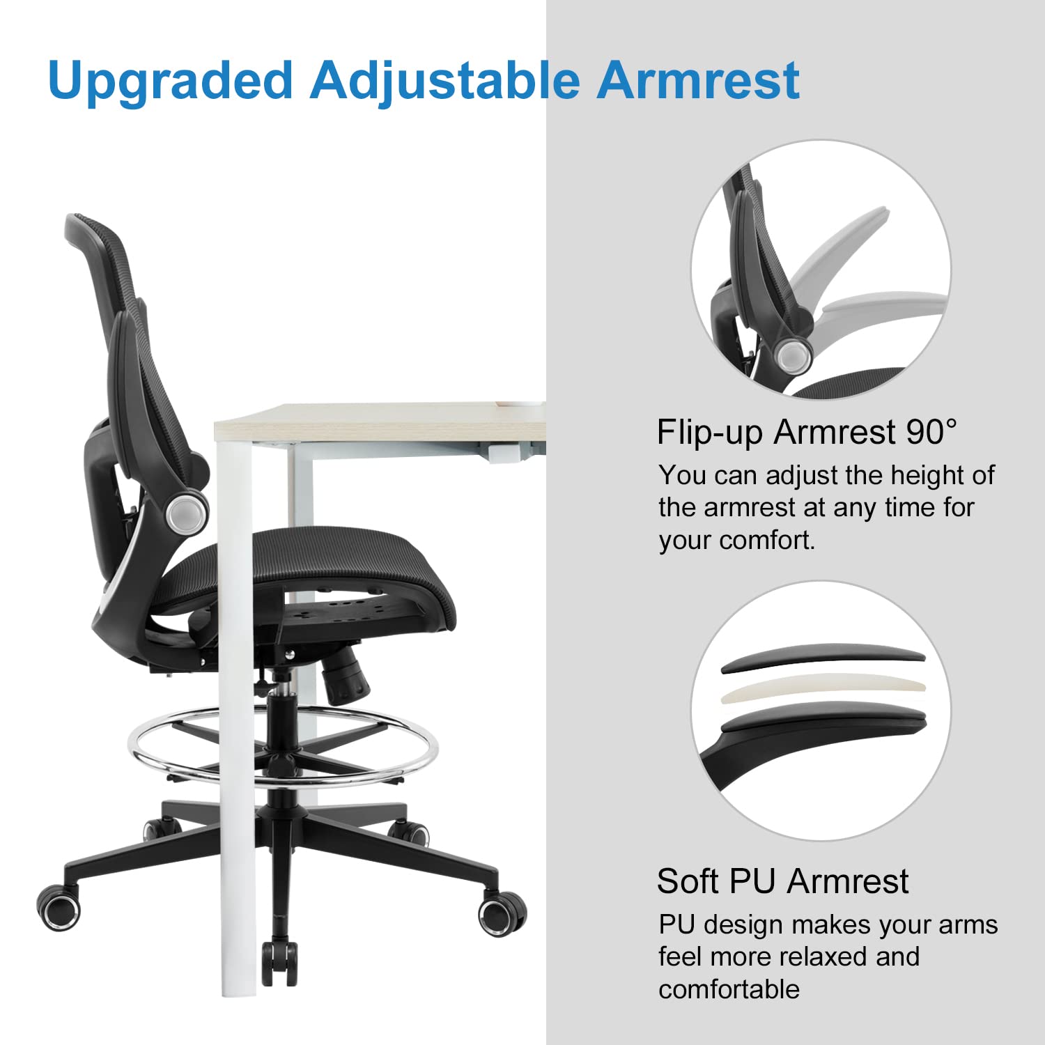 Mid-Back Ergonomic Drafting Chair,Mesh High Desk Chair,Counter Height Desk Chair,Tall Office Chair with Adjustable Foot Ring,Standing Desk Chair with Lumbar Support and PU Arms(Black)