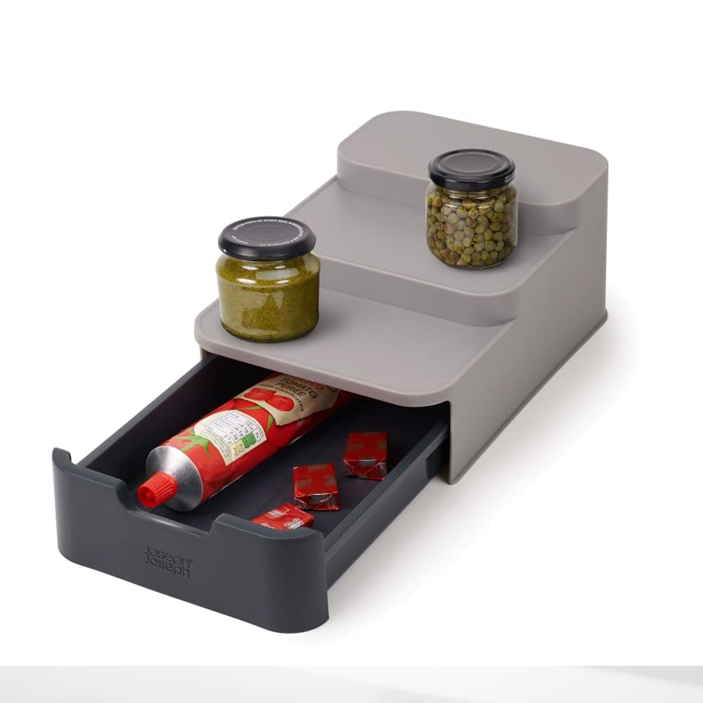 Joseph Joseph CupboardStore Compact 3 Tier Shelf Organizer with Drawer for Cabinet, Gray