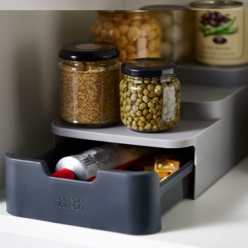 Joseph Joseph CupboardStore Compact 3 Tier Shelf Organizer with Drawer for Cabinet, Gray