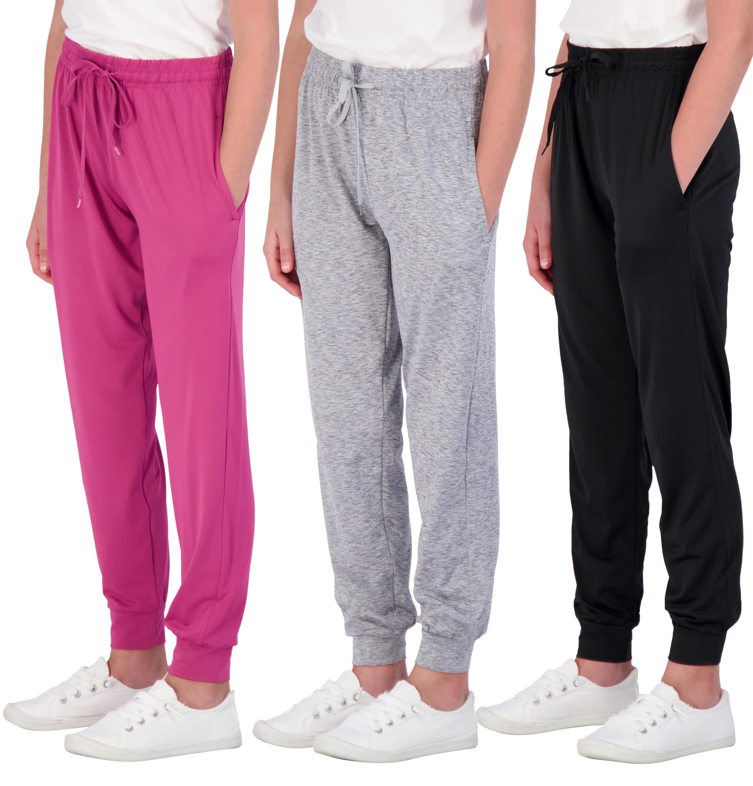 Real Essentials Girl's Dry Fit Joggers Sweatpants | Soft Athletic Pants for Teens & Kids | Casual Running & Sports | Joggers with Pockets & Drawstring - Set 6, X-Large (Pack of 3)