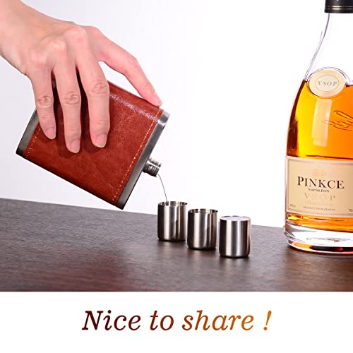 ULTRGEE Hip Flask, Leakproof Flasks [8oz] with 3 Cups, Men’s Gift Flask for Whisky Liquor Spirits Adopted Stainless Steel & Brown PU Leather
