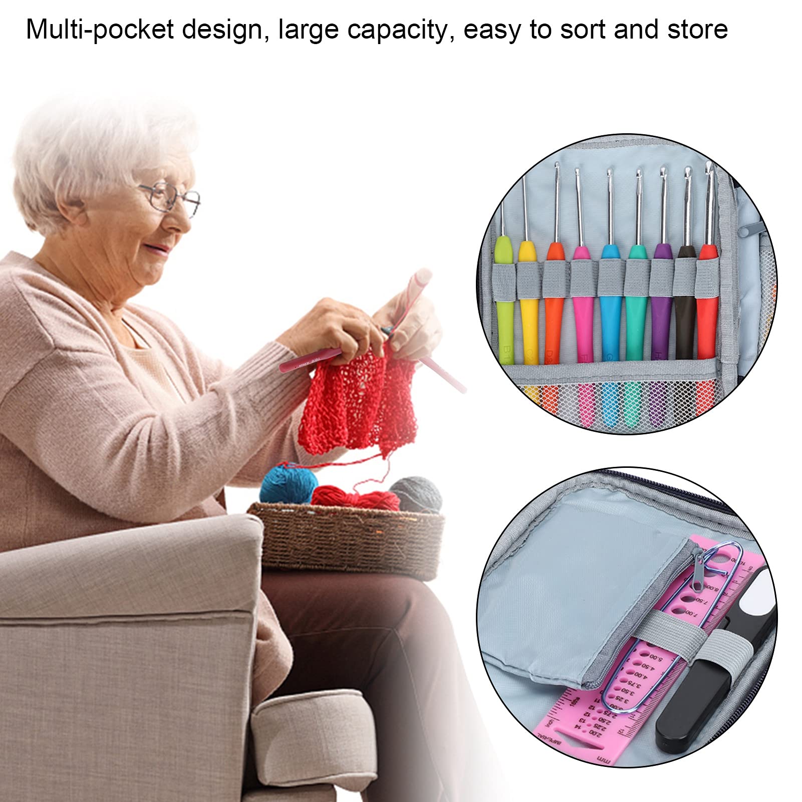 Crochet Bag, Sewing Double Sided Zipper Easy to Carry Crochet Hook Hand Made Oxford Cloth Knitting Organizing Packet Large Yarn Storage for Yarn Stitch Markers(Elephant)