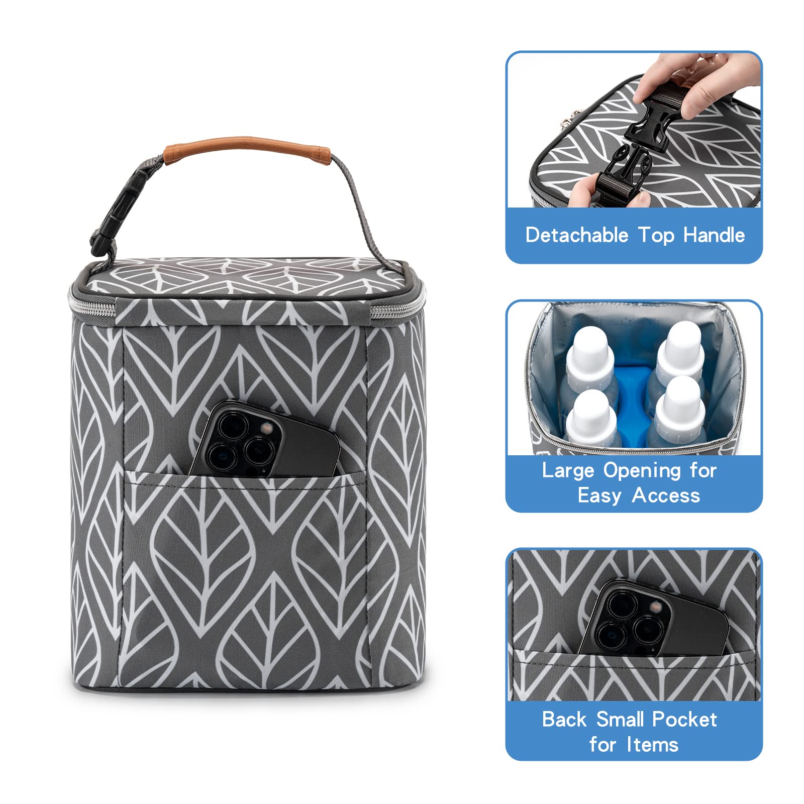 BABEYER Breast Milk Cooler Bag with Ice Pack Fits 4 Baby Bottles Up to 9 Ounce, Baby Bottle Bag for Nursing Mom Daycare-Grey