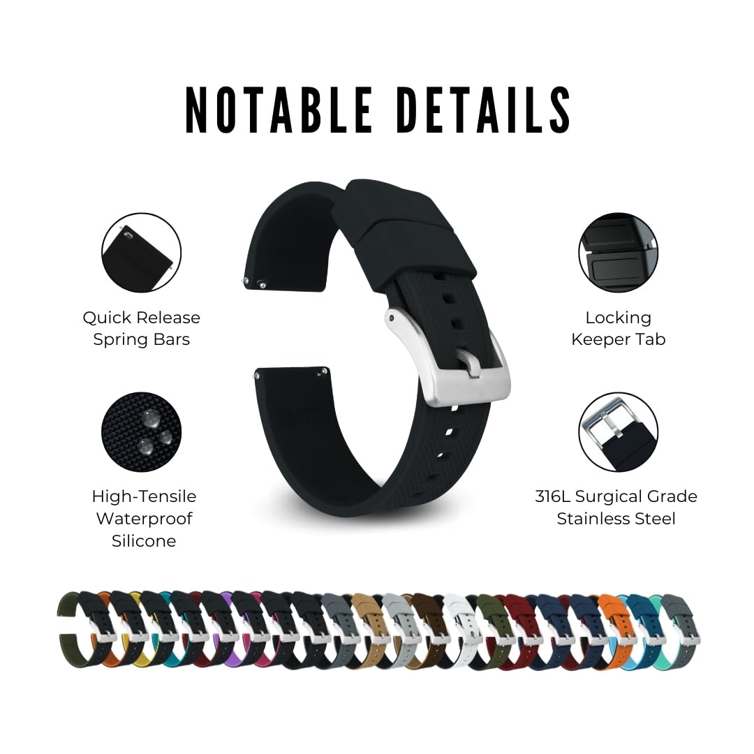 BARTON WATCH BANDS Elite High tensile silicone - 70A durometer Watch Bands - Quick Release, Black, 21mm