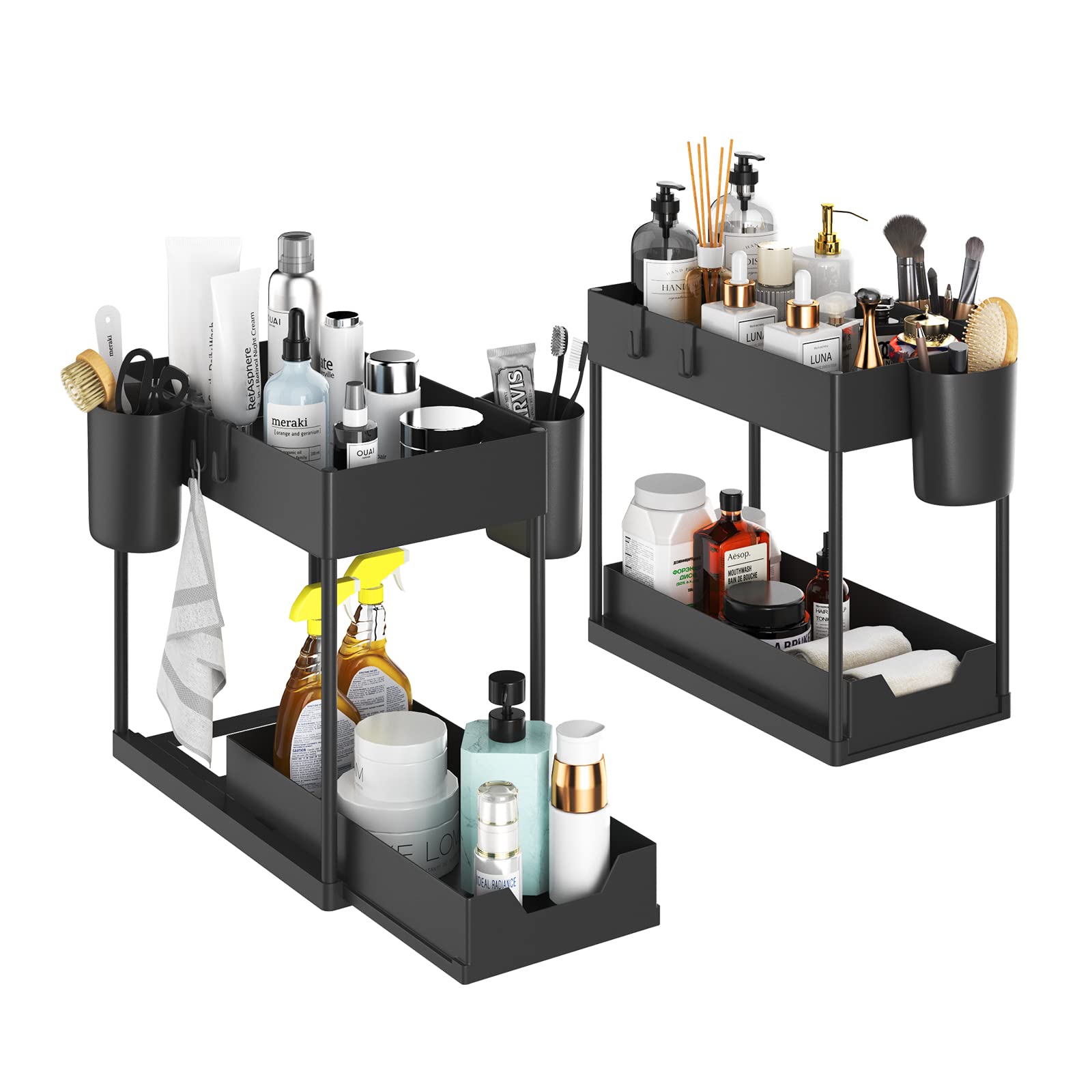 TYNIOPO Under Sink Organizers and Storage, 2-Tier Under Bathroom Cabinet Storage with Sliding Basket, Multi-purpose Storage Rack for Bathroom Kitchen Countertop Cabinet