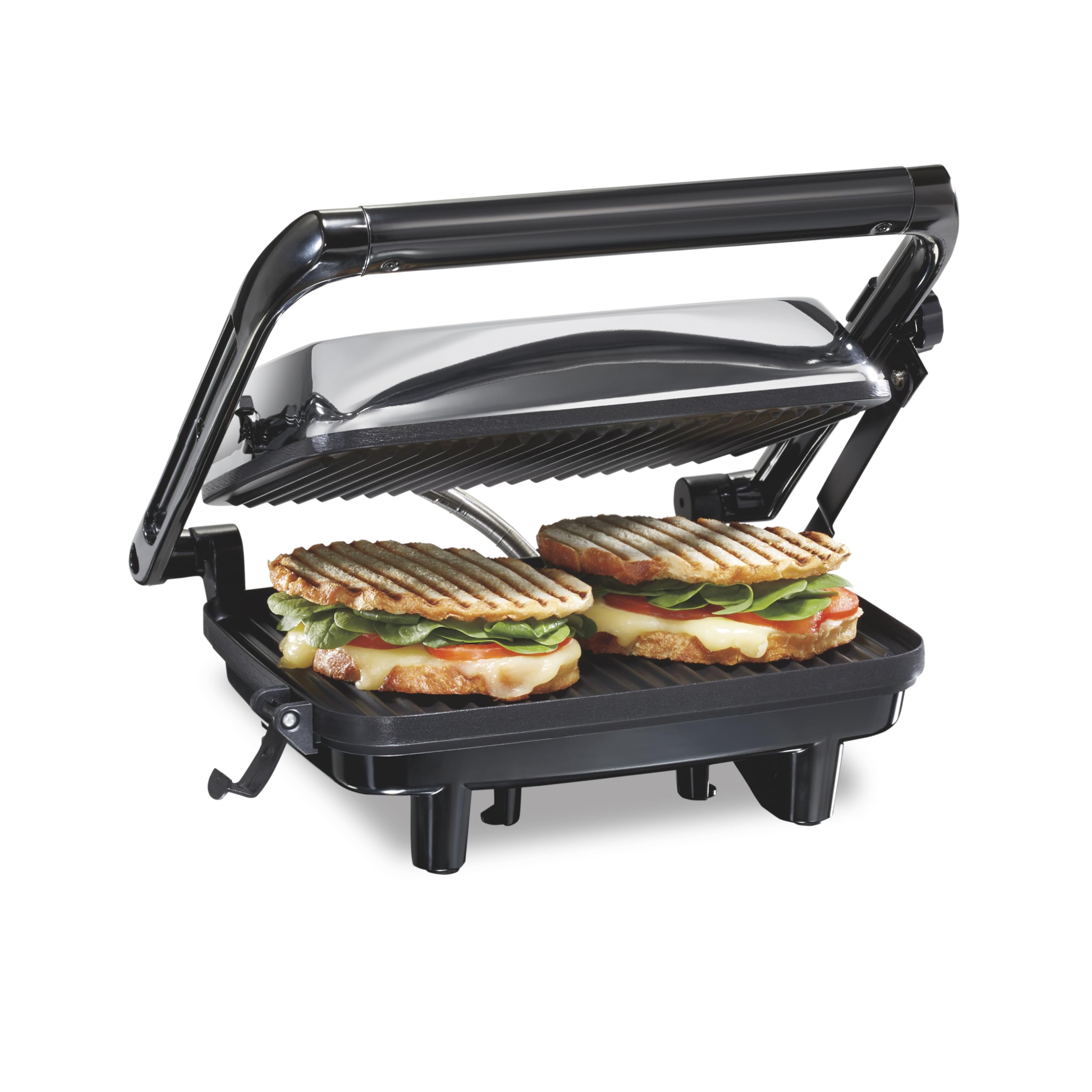 Hamilton Beach Electric Panini Press Grill with Locking Lid, Opens 180 Degrees for any Sandwich Thickness (25460A) Nonstick 8" X 10" Grids Chrome Finish, Medium