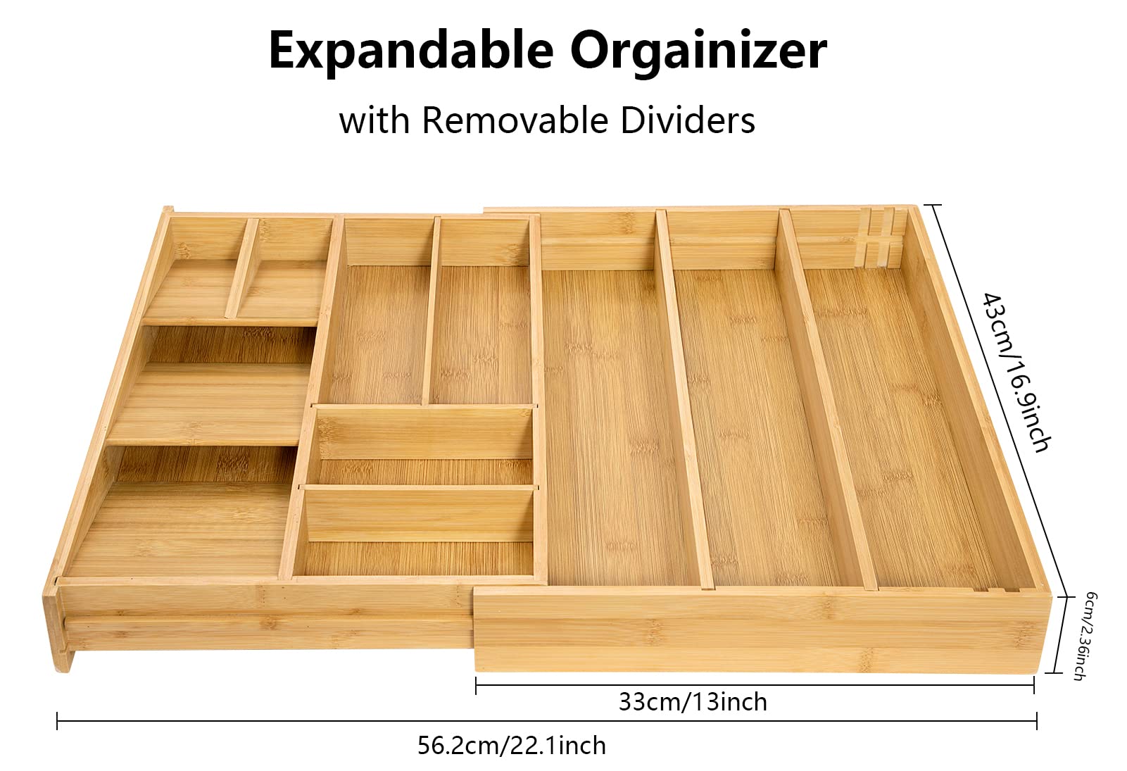 Oyydecor Bamboo Kitchen Drawer Organizer-Expandable Silverware Organizer for Utensil Holder, Cutlery Tray with 2 Removable Drawer Dividers, Adjustable for Kitchen Utensils and Flatware Organizer