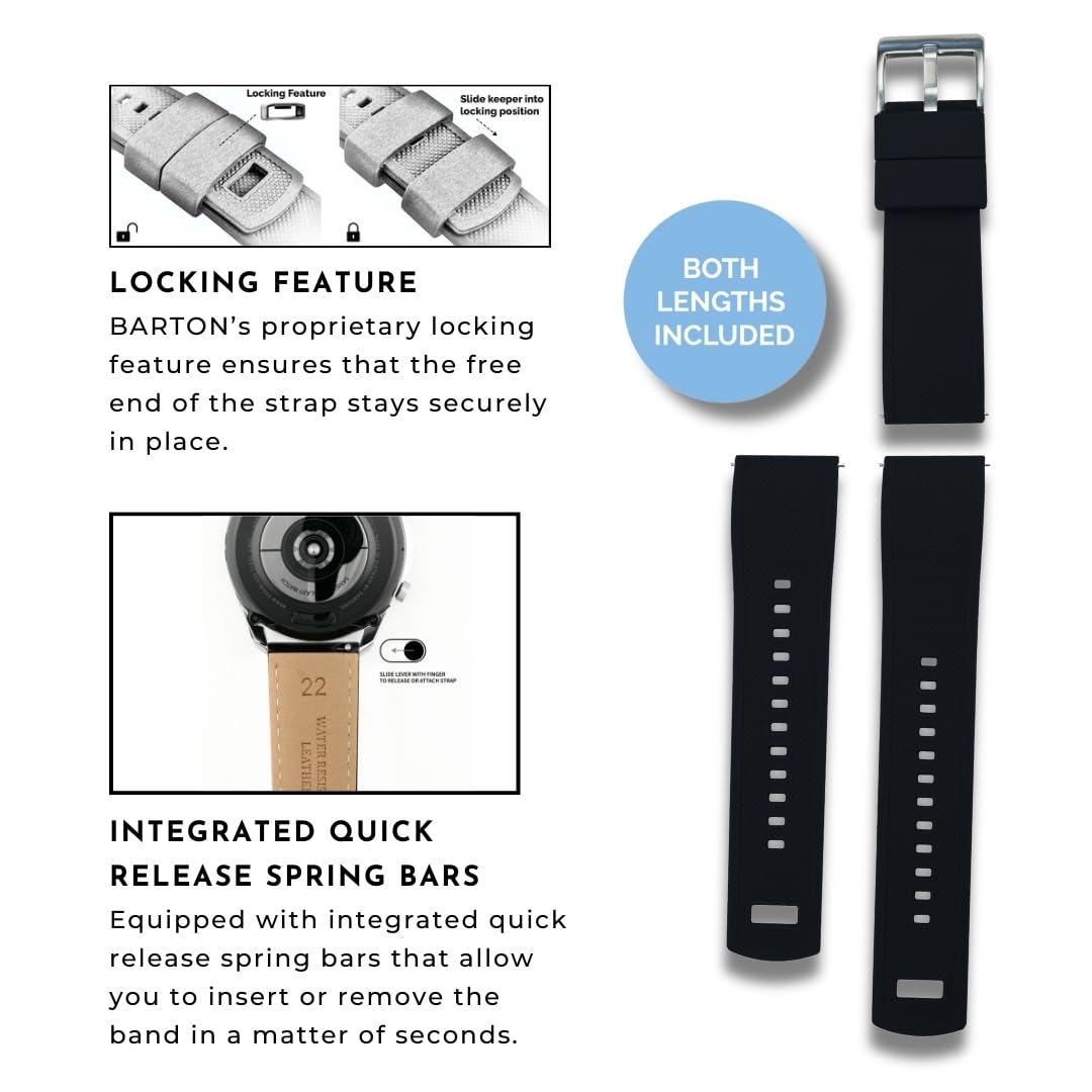 BARTON WATCH BANDS Elite High tensile silicone - 70A durometer Watch Bands - Quick Release, Black, 21mm