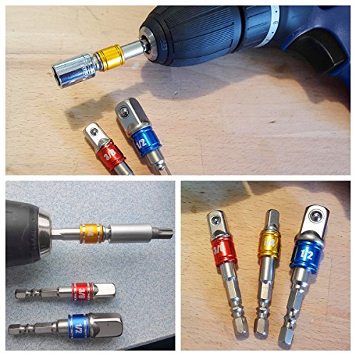 Impact Grade Socket Adapter/Extension Set Turns Power Drill Into High Speed Nut Driver,1/4-Inch Hex Shank to Drive for Adapters to Use with Drill Chucks, Sizes 1/4" 3/8" 1/2", Cr-V, 3-Piece