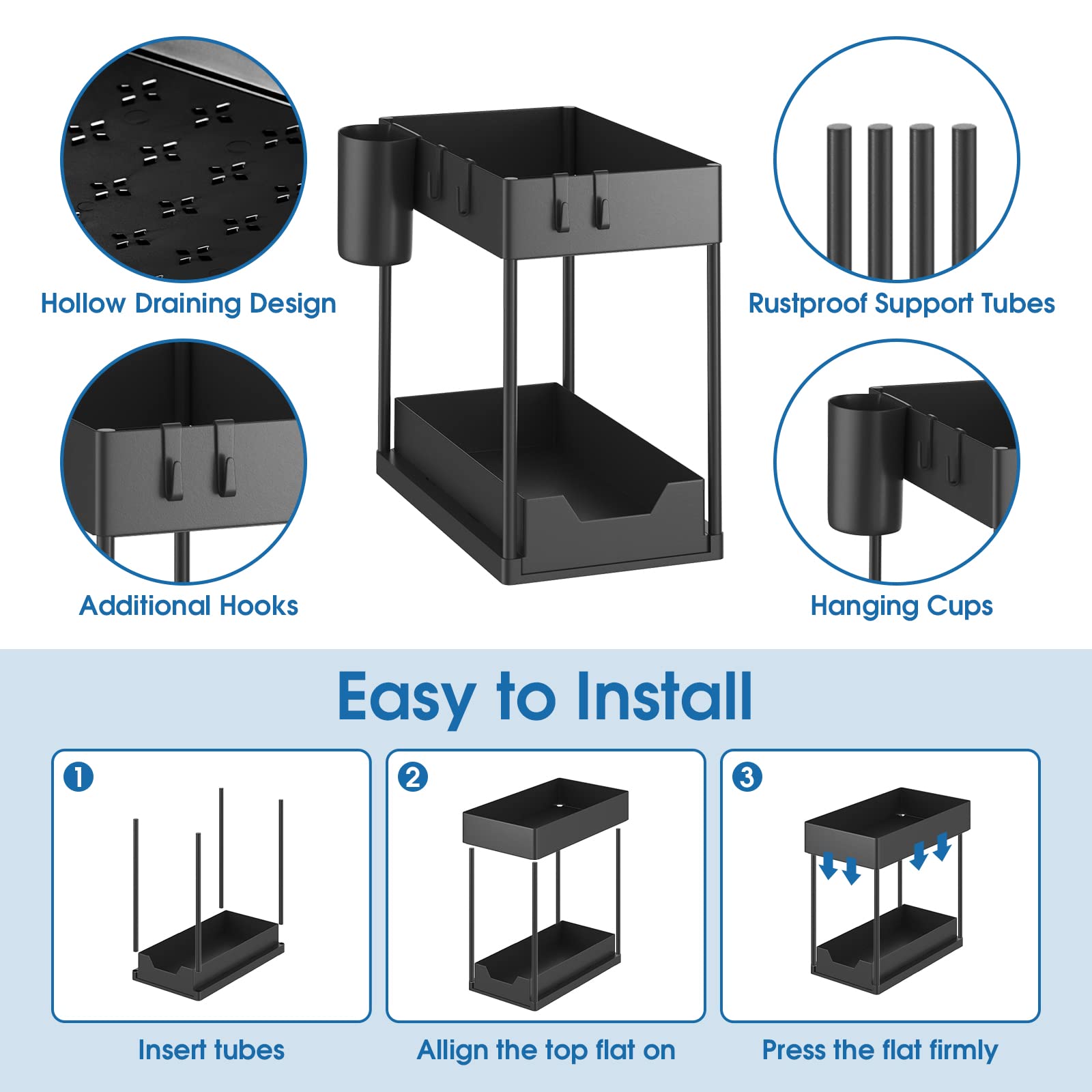 TYNIOPO Under Sink Organizers and Storage, 2-Tier Under Bathroom Cabinet Storage with Sliding Basket, Multi-purpose Storage Rack for Bathroom Kitchen Countertop Cabinet