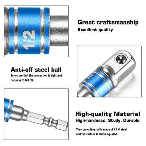 Impact Grade Socket Adapter/Extension Set Turns Power Drill Into High Speed Nut Driver,1/4-Inch Hex Shank to Drive for Adapters to Use with Drill Chucks, Sizes 1/4" 3/8" 1/2", Cr-V, 3-Piece