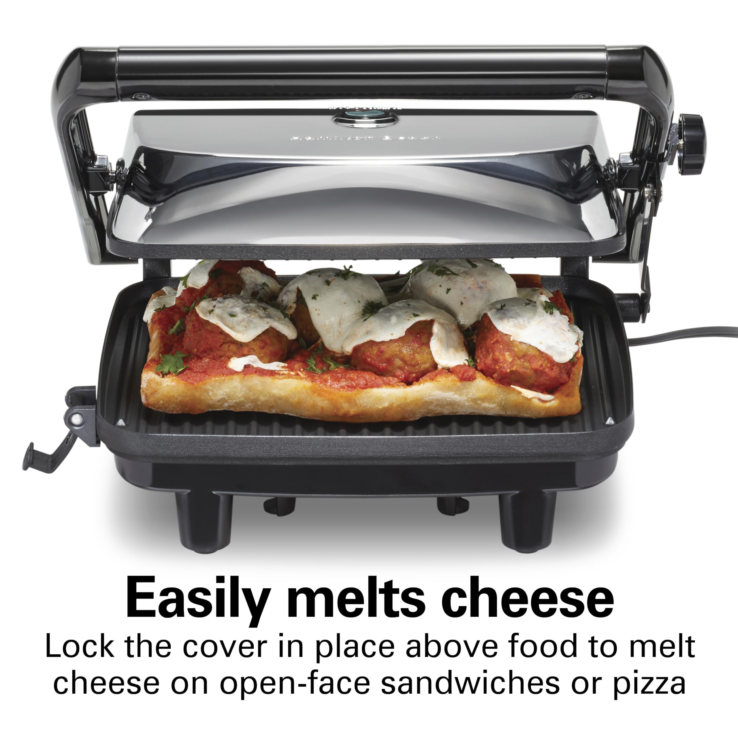 Hamilton Beach Electric Panini Press Grill with Locking Lid, Opens 180 Degrees for any Sandwich Thickness (25460A) Nonstick 8" X 10" Grids Chrome Finish, Medium