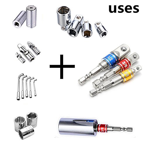 Impact Grade Socket Adapter/Extension Set Turns Power Drill Into High Speed Nut Driver,1/4-Inch Hex Shank to Drive for Adapters to Use with Drill Chucks, Sizes 1/4" 3/8" 1/2", Cr-V, 3-Piece