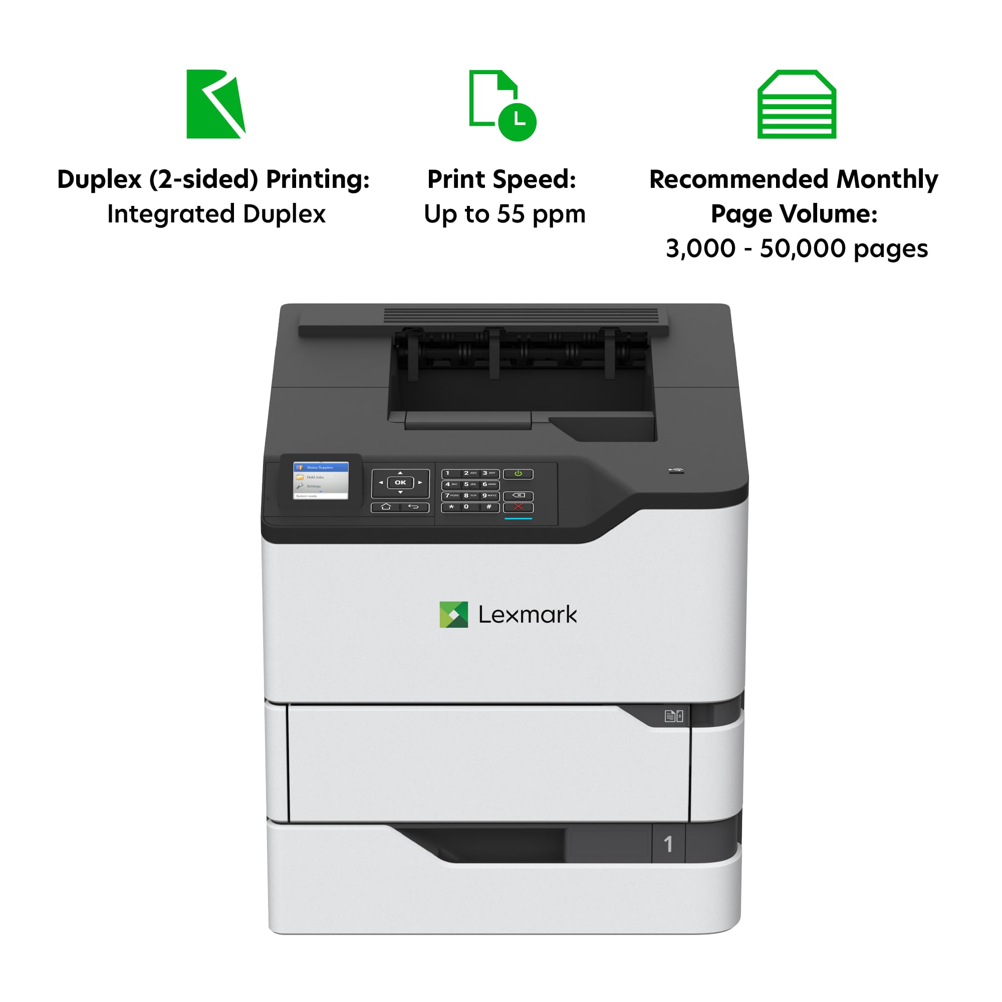 Lexmark MS820 MS821dn Laser Printer - Monochrome - 1200 x 1200 dpi Print - Plain Paper Print - Desktop - 55 ppm Mono Print - A6, Oficio, Envelope No. 7 3/4, Envelope No. 9, B5 (JIS), A4, Legal, A5, Le