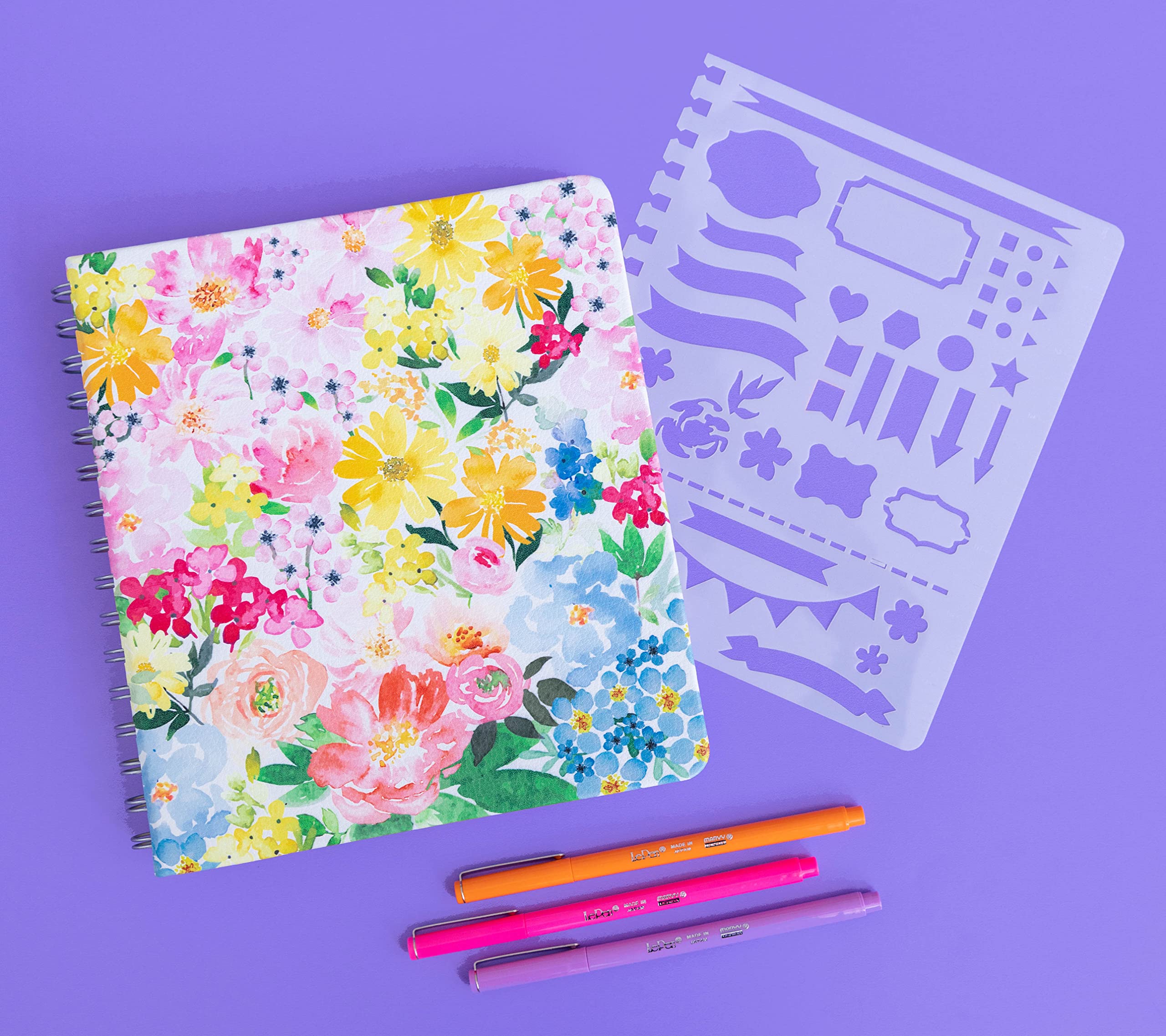 Steel Mill & Co Writing and Drawing Journal, Cute Floral Spiral Notebook with 160 Lined Pages, Art Journal with Reusable Stencil, Summer Garden