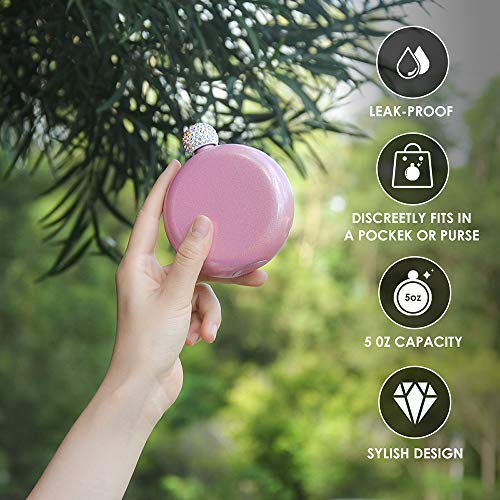 Cute Liquor Flask for Women, Junya 304 Stainless Steel,Pretty Glitter Coating Whiskey Flasks,Shining Rhinestone Cap,Portable Wine Flask for Drink Bar BBQS and Traveling,Capacity 5 oz (Pink)
