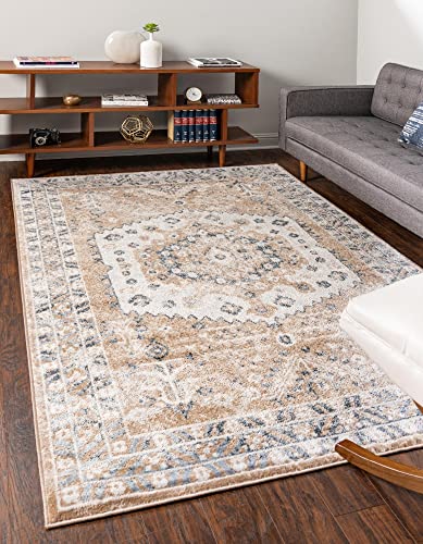 Unique Loom Oxford Collection Area Rug - Sheldonian (6' x 9' Rectangle, Beige/Navy Blue)