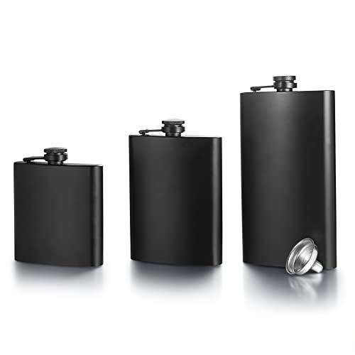 Vethwal 6Oz, 8Oz, 12Oz Stainless Steel Black Hip Flask set Leakproof Flask with Free Bonus Funnel Great Groommans or Bridal Wedding Gift, Set of 3