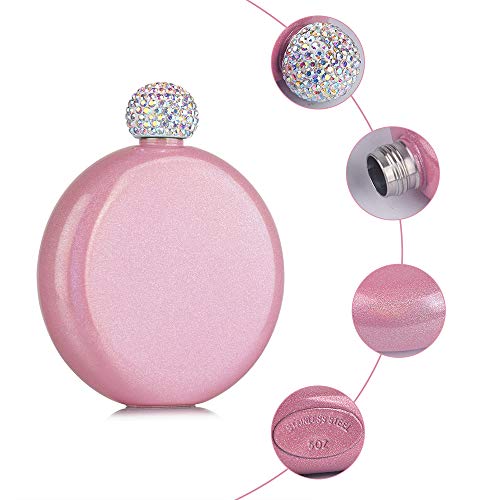 Cute Liquor Flask for Women, Junya 304 Stainless Steel,Pretty Glitter Coating Whiskey Flasks,Shining Rhinestone Cap,Portable Wine Flask for Drink Bar BBQS and Traveling,Capacity 5 oz (Pink)