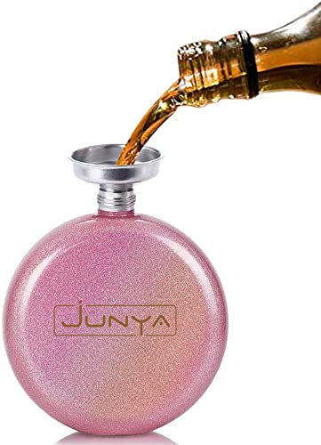 Cute Liquor Flask for Women, Junya 304 Stainless Steel,Pretty Glitter Coating Whiskey Flasks,Shining Rhinestone Cap,Portable Wine Flask for Drink Bar BBQS and Traveling,Capacity 5 oz (Pink)