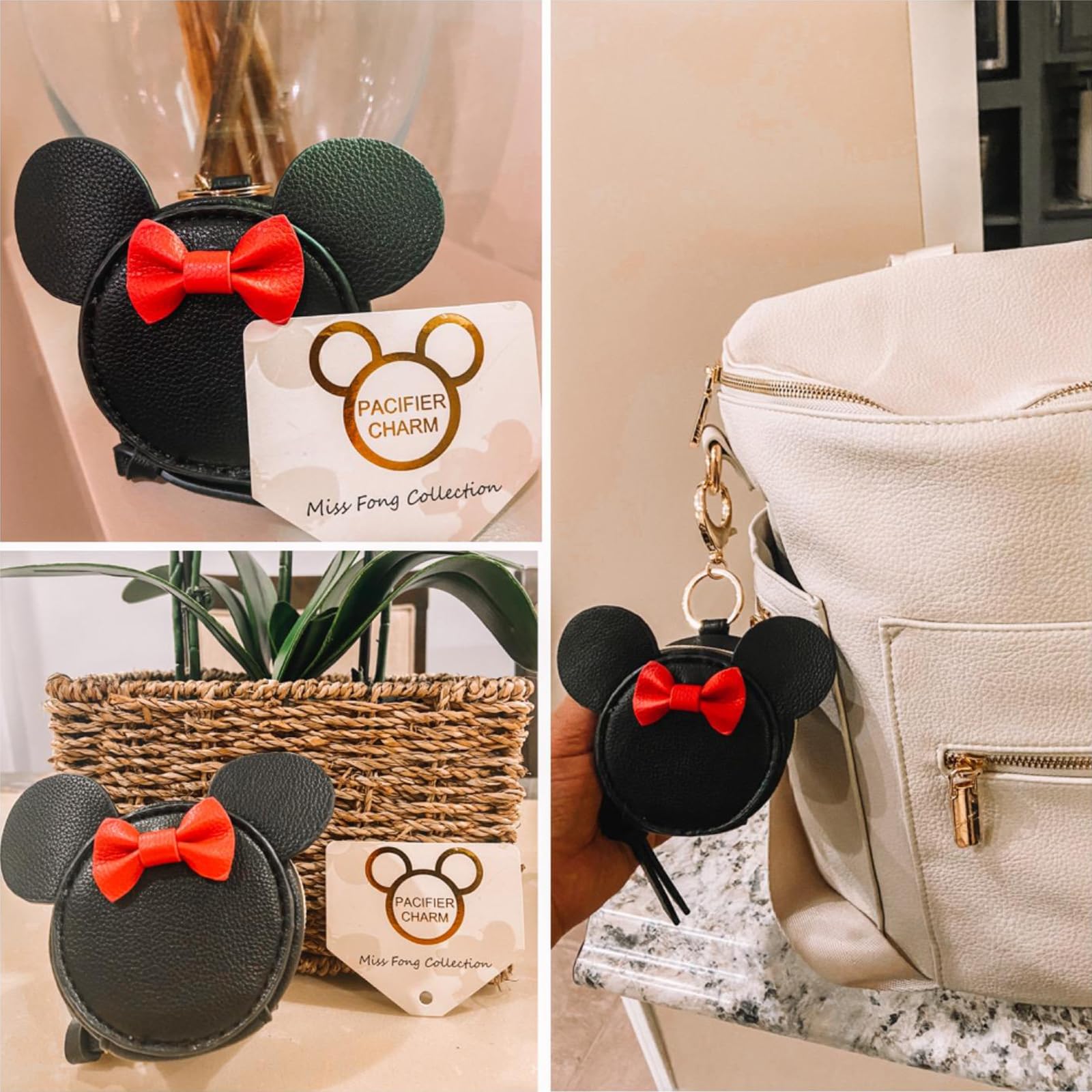 miss fong Pacifier Holder Case with Clip, Pacifier Pouch Cover, Pacifier Charm Pod with Clasp Attach to The Strollers & Diaper Bags, Hold 2 Pacifier or Nipple Shield(Bow Black)