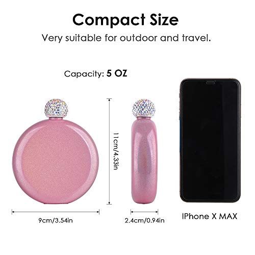 Cute Liquor Flask for Women, Junya 304 Stainless Steel,Pretty Glitter Coating Whiskey Flasks,Shining Rhinestone Cap,Portable Wine Flask for Drink Bar BBQS and Traveling,Capacity 5 oz (Pink)