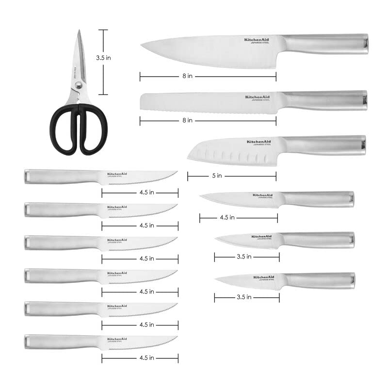 KitchenAid Gourmet Forged Stainless Steel Knife Block Set with Built-in Knife Sharpener, High-Carbon Japanese Stainless Steel Kitchen Knives, Sharp Kitchen Knife Set with Block, 14 Piece, Black