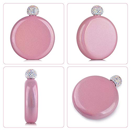 Cute Liquor Flask for Women, Junya 304 Stainless Steel,Pretty Glitter Coating Whiskey Flasks,Shining Rhinestone Cap,Portable Wine Flask for Drink Bar BBQS and Traveling,Capacity 5 oz (Pink)