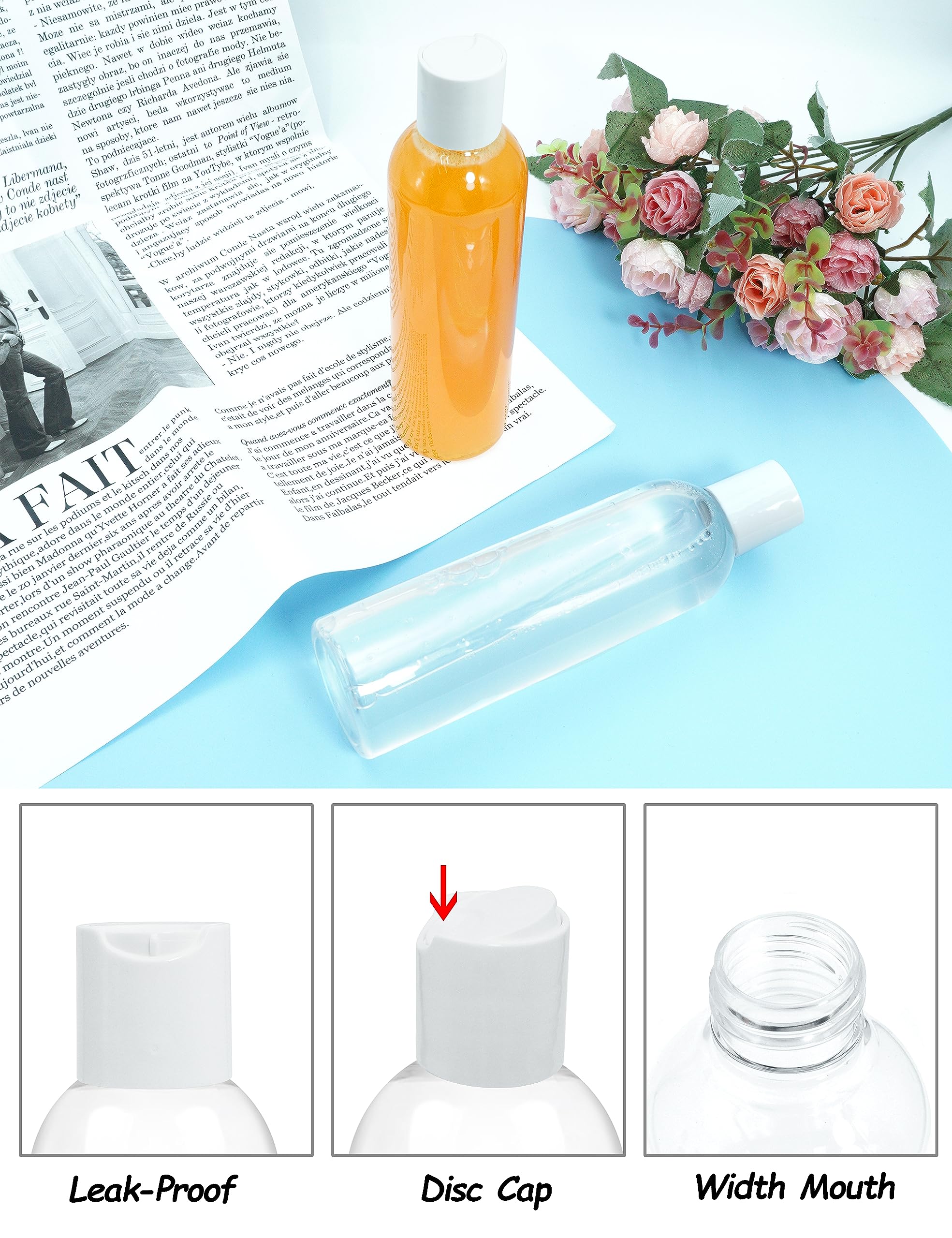 ZLEVEAYN 2 Pack 8 oz Clear Plastic Bottles with White Disc Caps Refillable Empty Squeeze Containers Cosmetic Bottles for Toiletries Conditioner Shampoo Lotions Gels