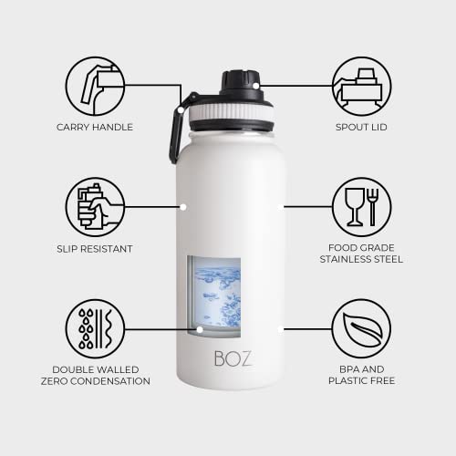 BOZ Stainless Steel Water Bottle XL (1 L / 32oz) Wide Mouth, BPA Free, Vacuum Double Wall Insulated (Ivory White)