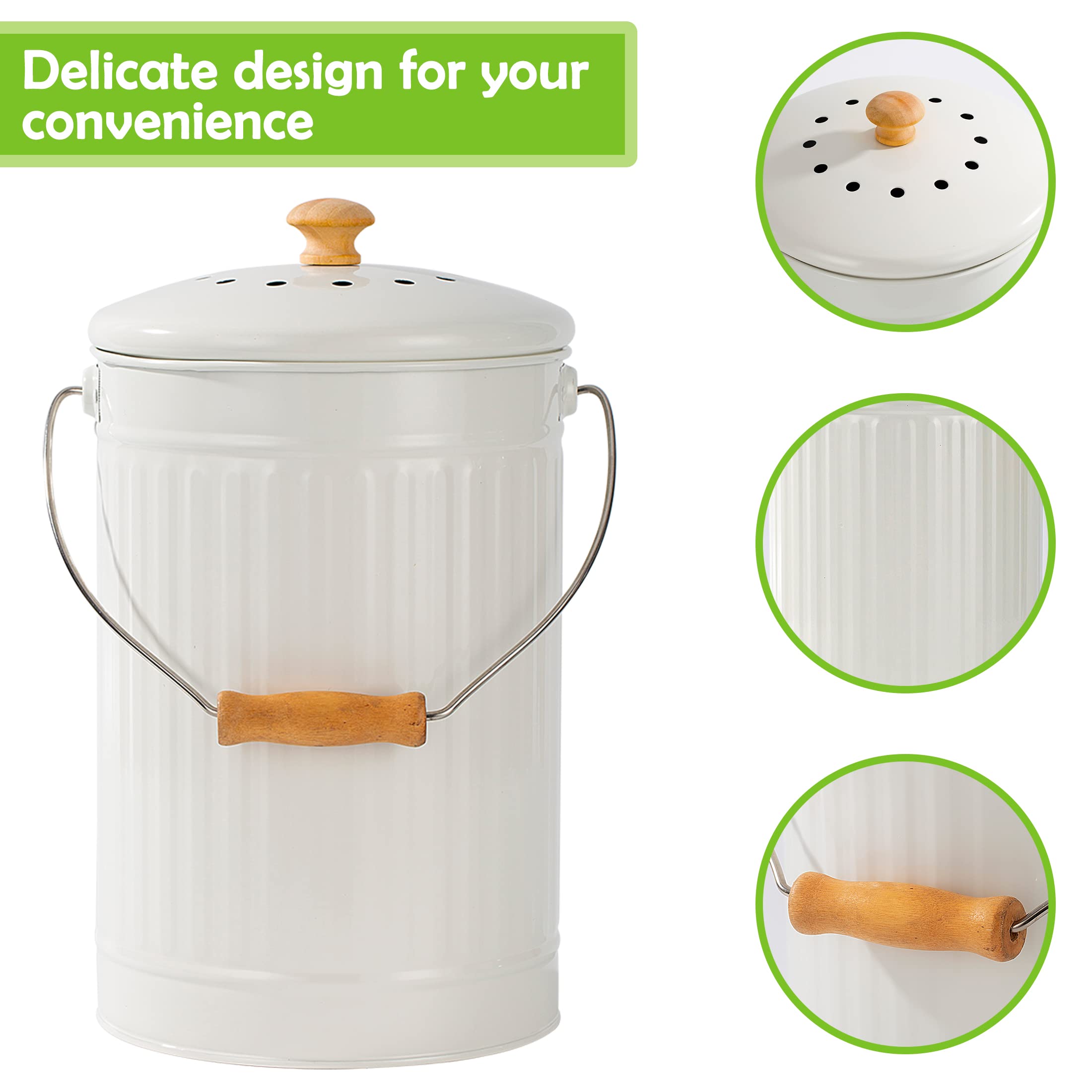 TreaHome Compost Bin, 1.7 Gallon Kitchen Compost Bin , Indoor Countertop Compost Bin, White Countertop Compost Bin with Lid, 100% Rust Proof Compost Bucket with Non-Smell Charcoal Filters (White)