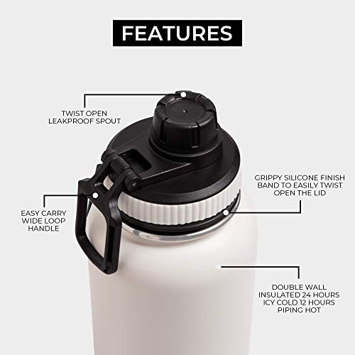 BOZ Stainless Steel Water Bottle XL (1 L / 32oz) Wide Mouth, BPA Free, Vacuum Double Wall Insulated (Ivory White)