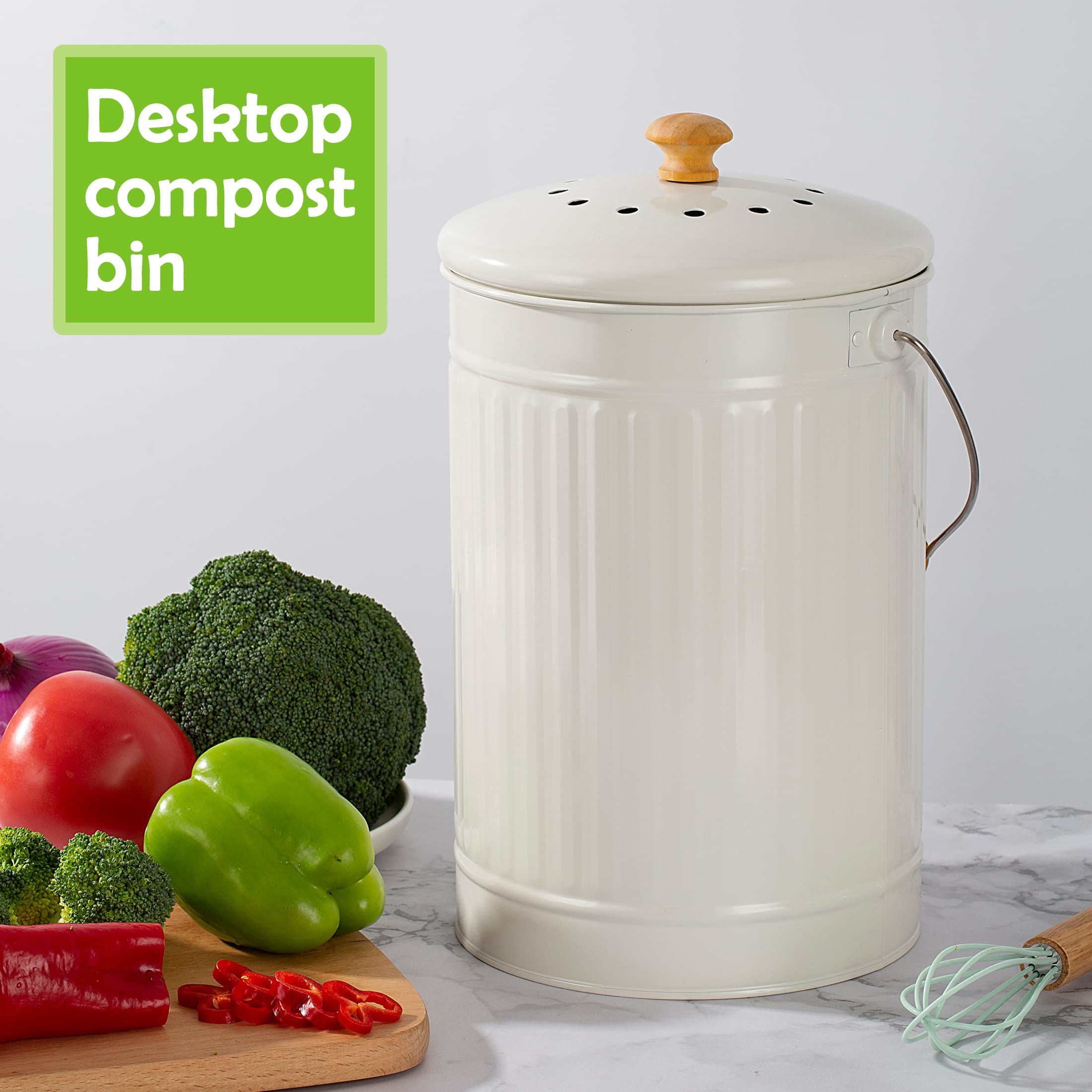TreaHome Compost Bin, 1.7 Gallon Kitchen Compost Bin , Indoor Countertop Compost Bin, White Countertop Compost Bin with Lid, 100% Rust Proof Compost Bucket with Non-Smell Charcoal Filters (White)