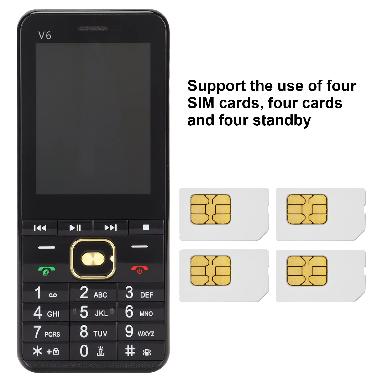 PUSOKEI V6 2G GSM Unlocked Cell Phone,2000mAh battery Long Standby Seniors Cell Phone,2.8in HD Screen Four Cards Four Standbys Cellphone for Elderly and Kids(black)