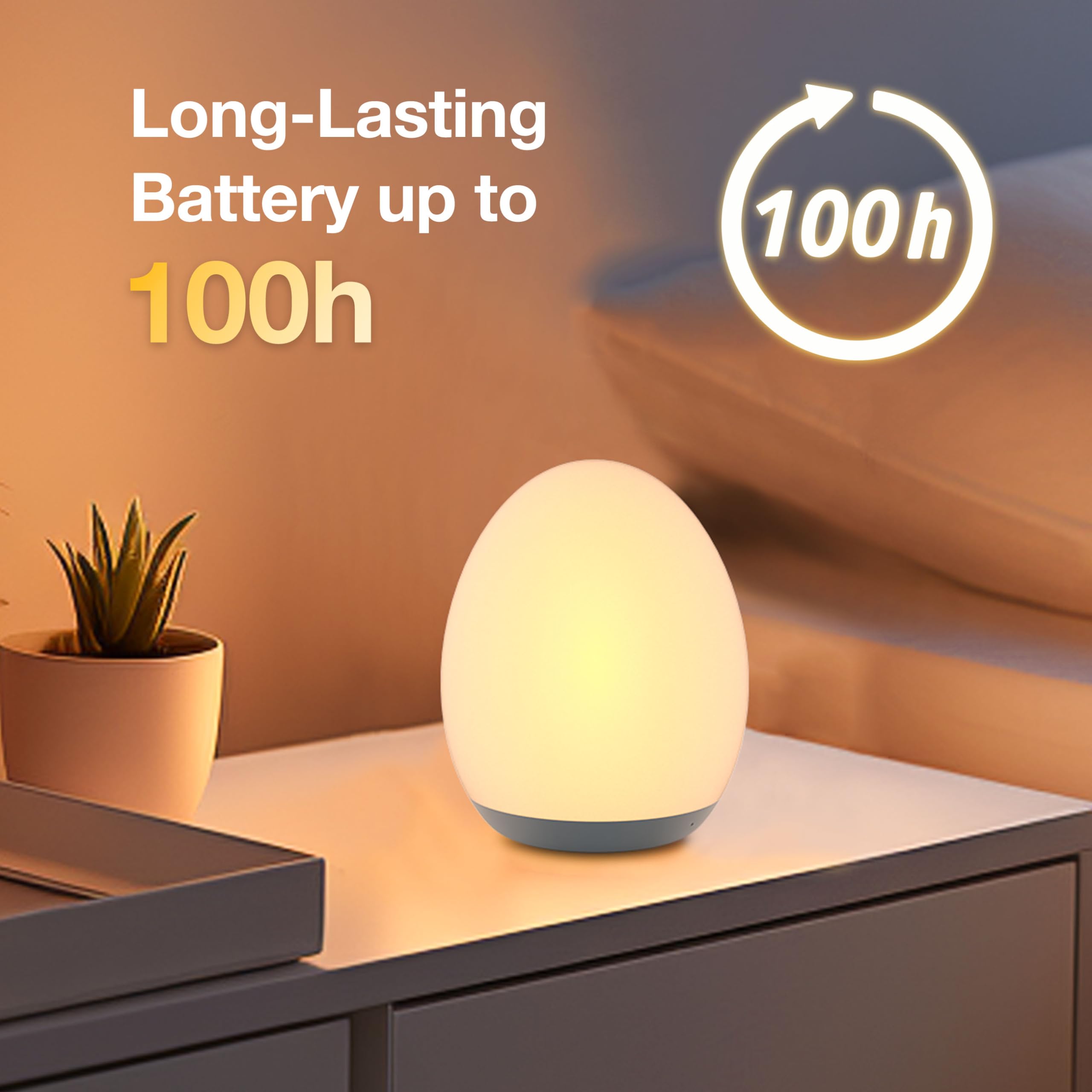 JolyWell Night Light for Kids with 7 Color Changing Mode & Dimming Function, Rechargeable Baby Egg Night Light with 1 Hour Timer&Touch Control, up to 100H, White