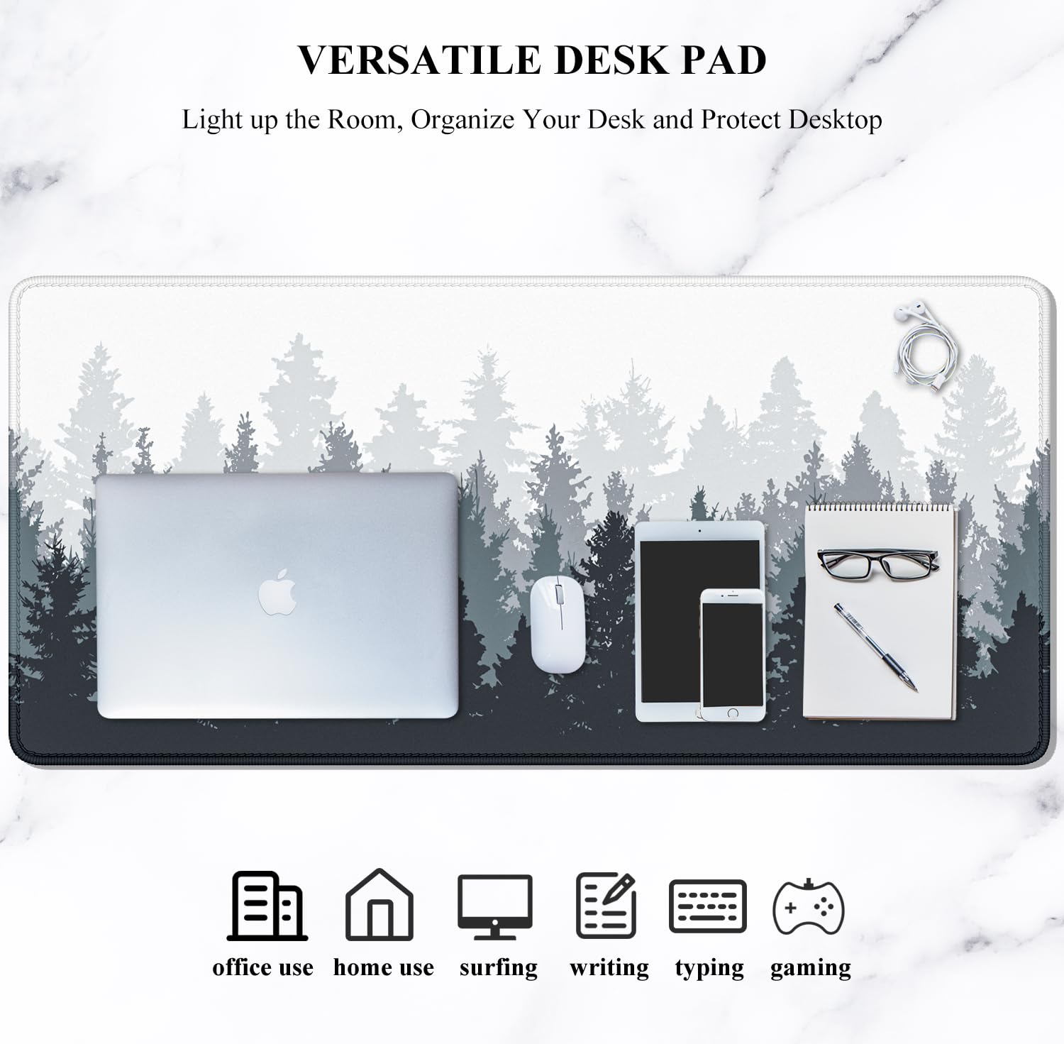 Auhoahsil Large Mouse Pad, Full Desk XXL Extended Gaming Mouse Pad 35" X 15", Waterproof Desk Mat with Stitched Edge, Non-Slip Laptop Computer Keyboard Mousepad for Office & Home, Misty Forest Design