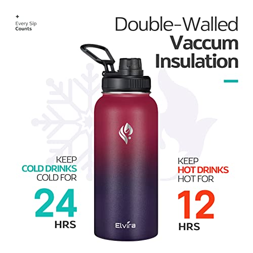 Elvira 32oz Vacuum Insulated Stainless Steel Water Bottle with Straw & Spout Lids, Double Wall Sweat-proof BPA Free to Keep Beverages Cold For 24Hrs or Hot For 12Hrs-Wine Red/Violet Gradient