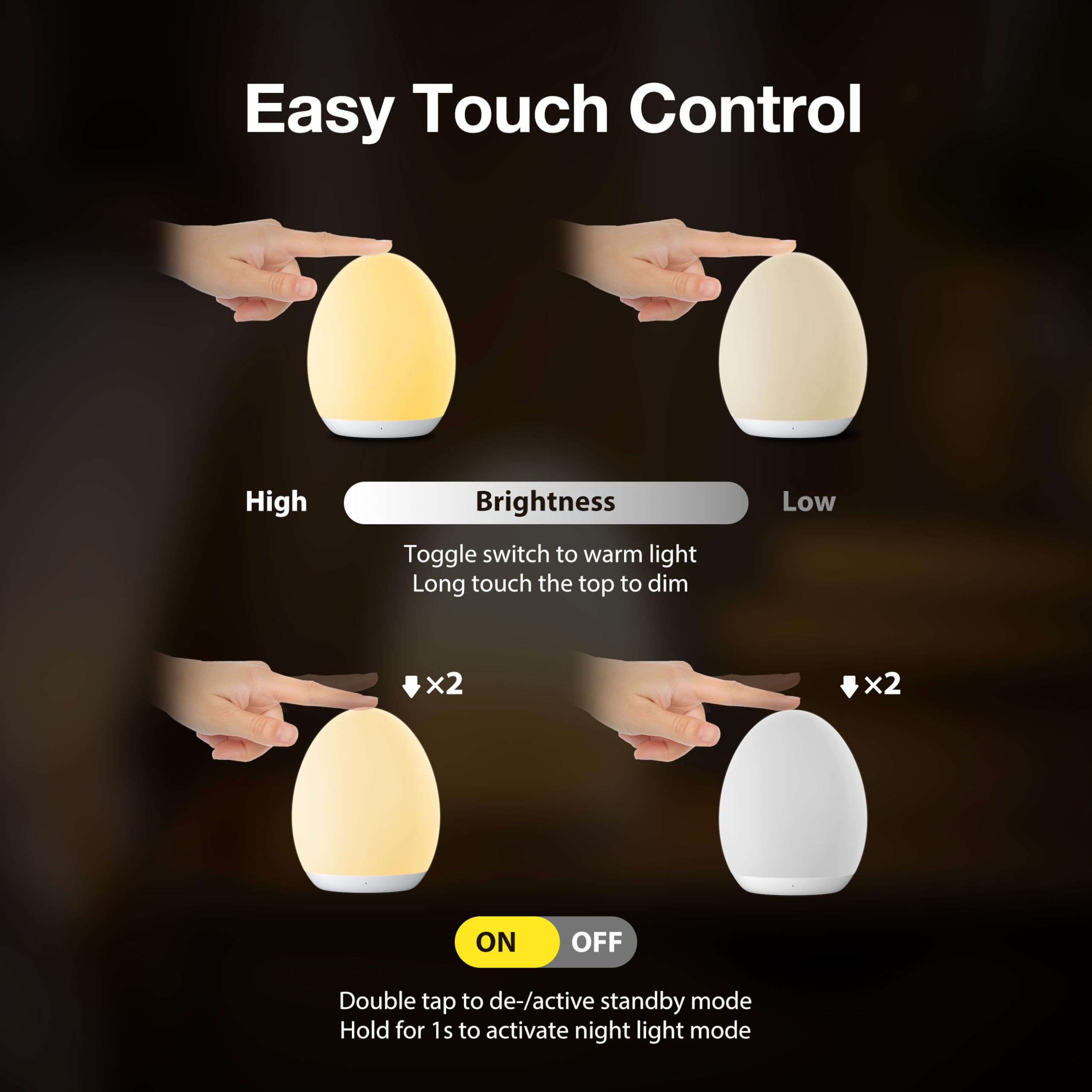 JolyWell Night Light for Kids with 7 Color Changing Mode & Dimming Function, Rechargeable Baby Egg Night Light with 1 Hour Timer&Touch Control, up to 100H, White