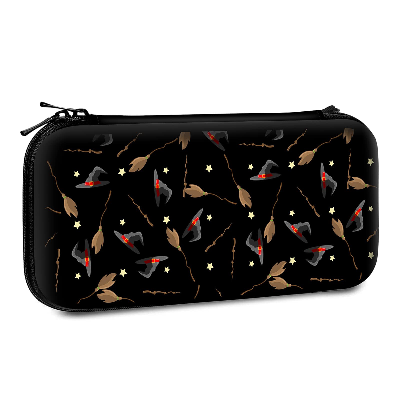 Carrying Case Compatible with Switch 2017 / Switch OLED 2021 Console Joy-Con with 10 Game Card Slots , Halloween pattern design with witch hat, magic wand, star and broom