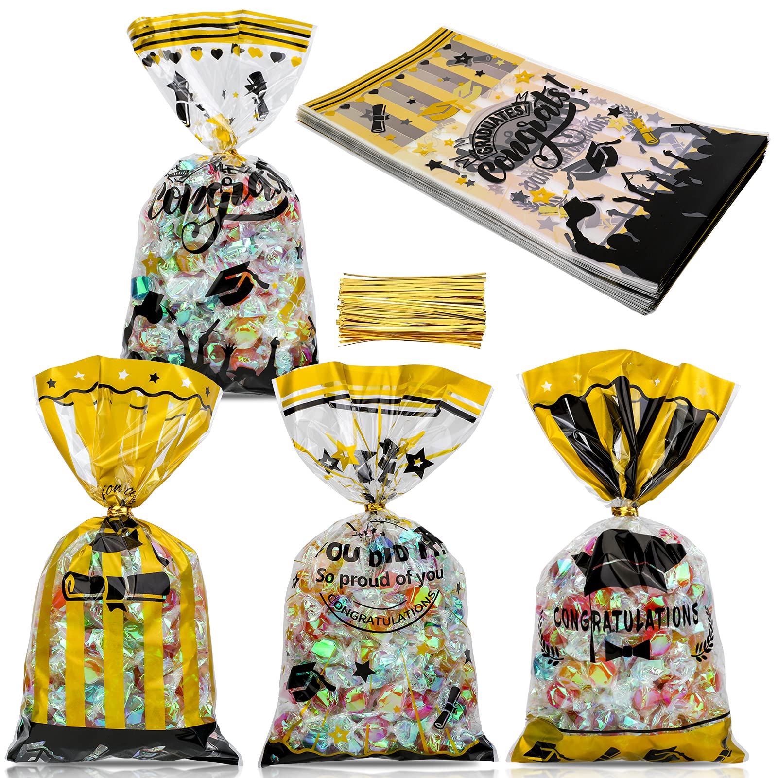 Konsait Graduation Cellophane Bags, 100pcs Clear Candy Cookie Treat Bags with Twist Ties for Bakery Biscuit Chocolate Snacks,Holiday Goody Bags, Graduation Party Favors Supplies Gifts Bags