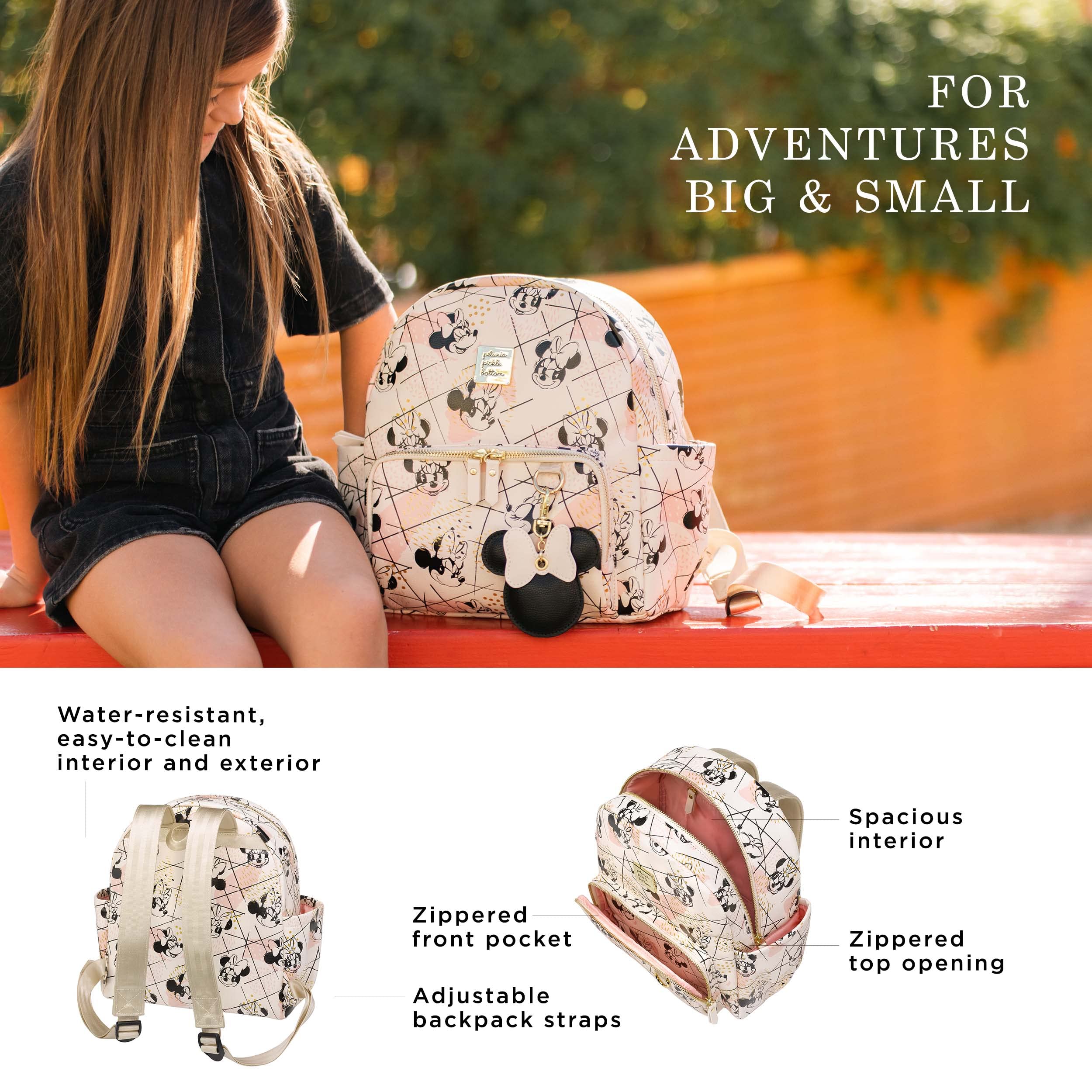 Petunia Pickle Bottom Mini Backpack | Diaper Bag Backpack for Parents | Stylish Bag and Organizer | Compact Backpack for On The Go Moms and Dads | Shimmery Minnie Mouse