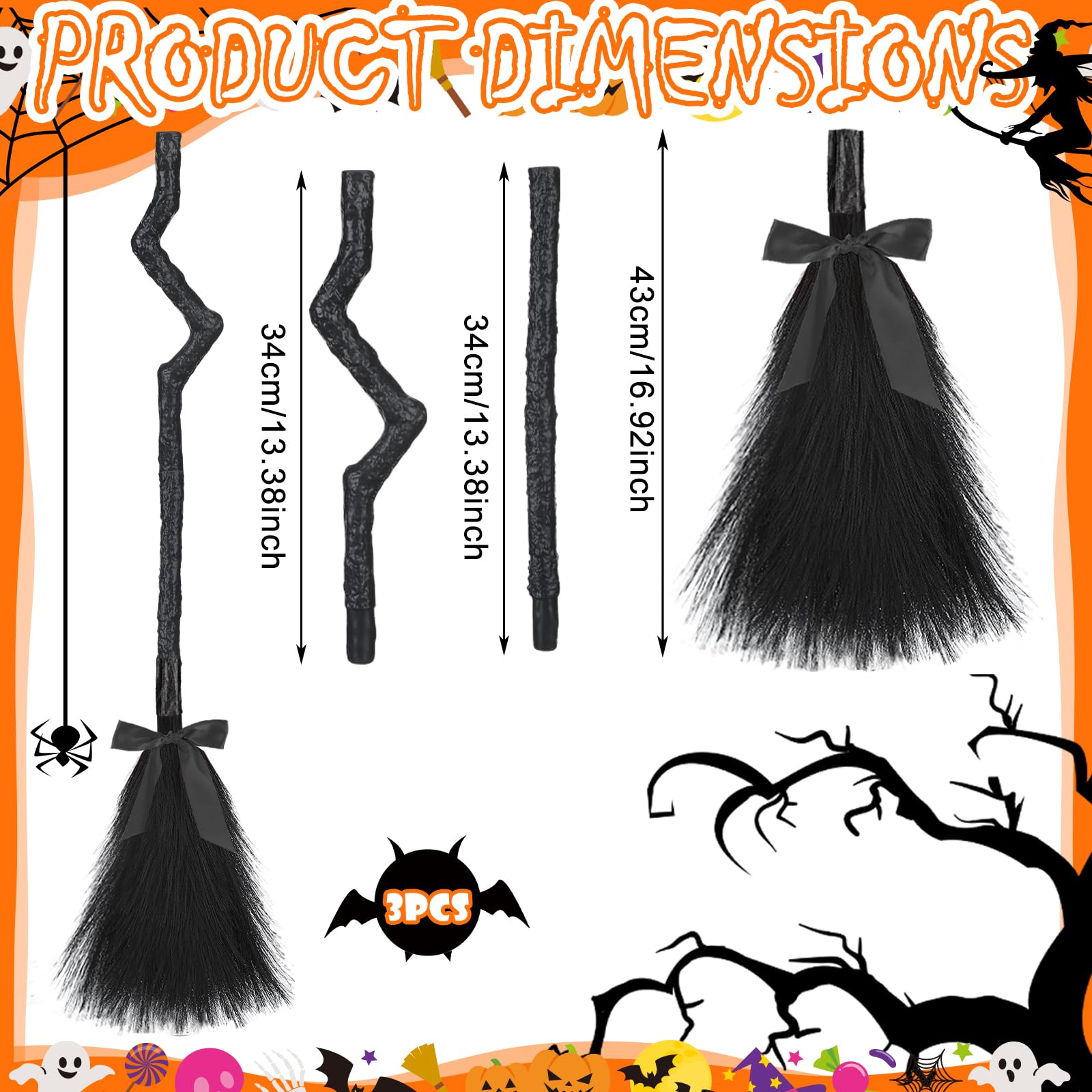 Liliful 3 Pcs Halloween Witch Broom Witch Broomstick with Ribbon Wizard Broomstick Halloween Decor for Kids and Adults, Party Cosplay Costume Accessories