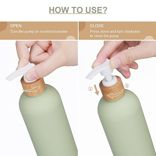 UMETASS 16.9 oz Plastic Bamboo Pump Dispenser Bottles, Shampoo and Conditioner Bottles, Refillable Container for Bathroom Shower Body Wash Lotion (16.9 oz, Green)